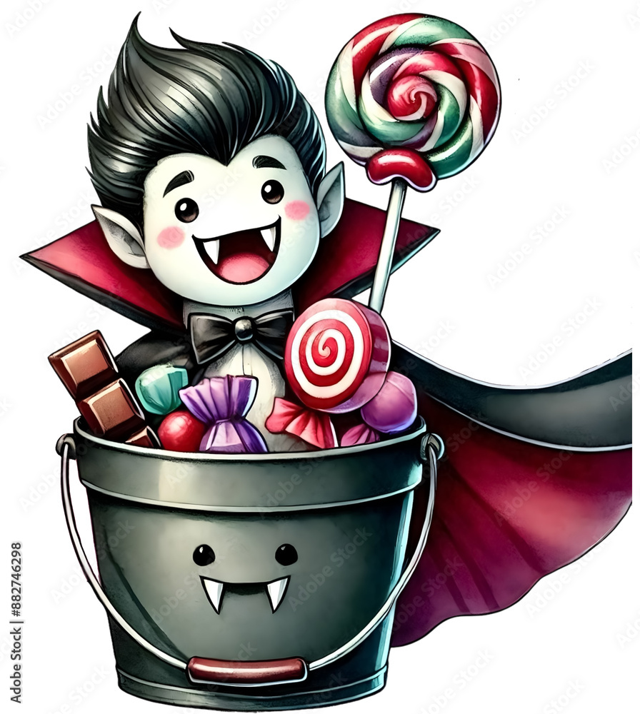 Happy vampire-themed candy bucket with fangs and a cape, loaded with ...