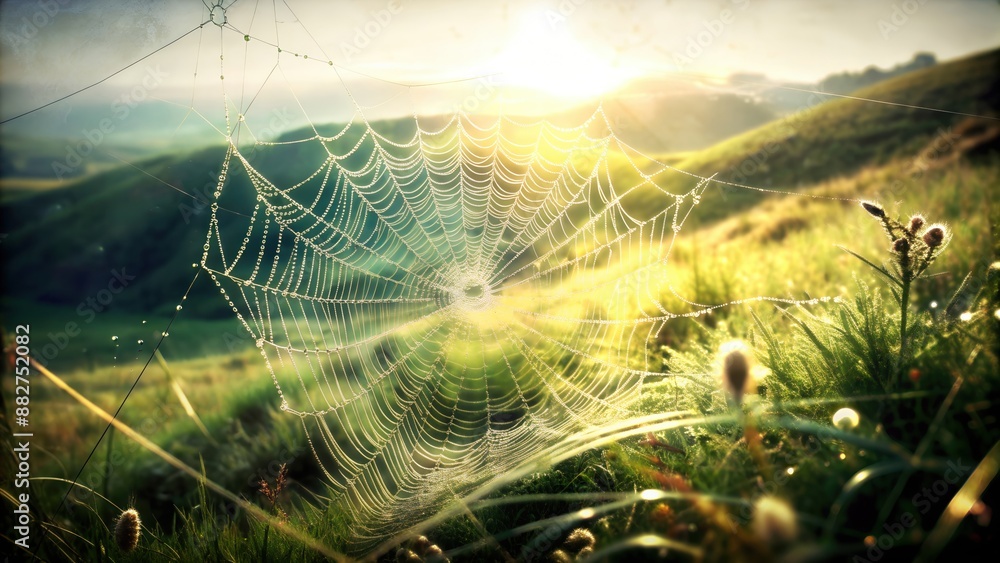 Green Grass Breath taking Landscape Background with Spider Web Featuring Pasture, Sward, and ...