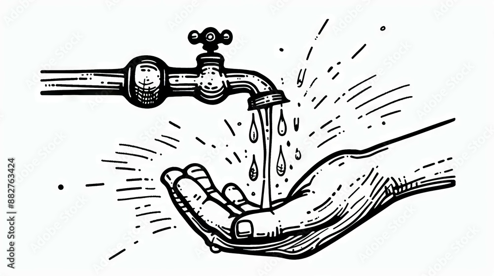 Hand washing tap water illustration. Hand reaching out to catch water ...