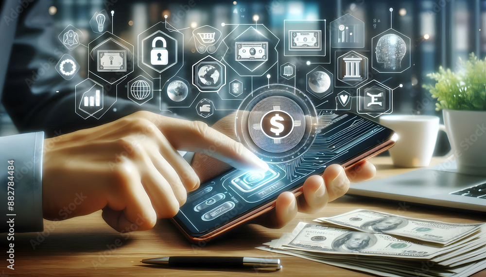 Photo Realistic Human Hand Pointing at Digital Banking App Interface on ...