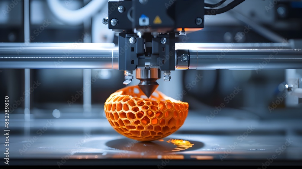 Orange 3D Printed Geometric Structure Representing Technology and ...