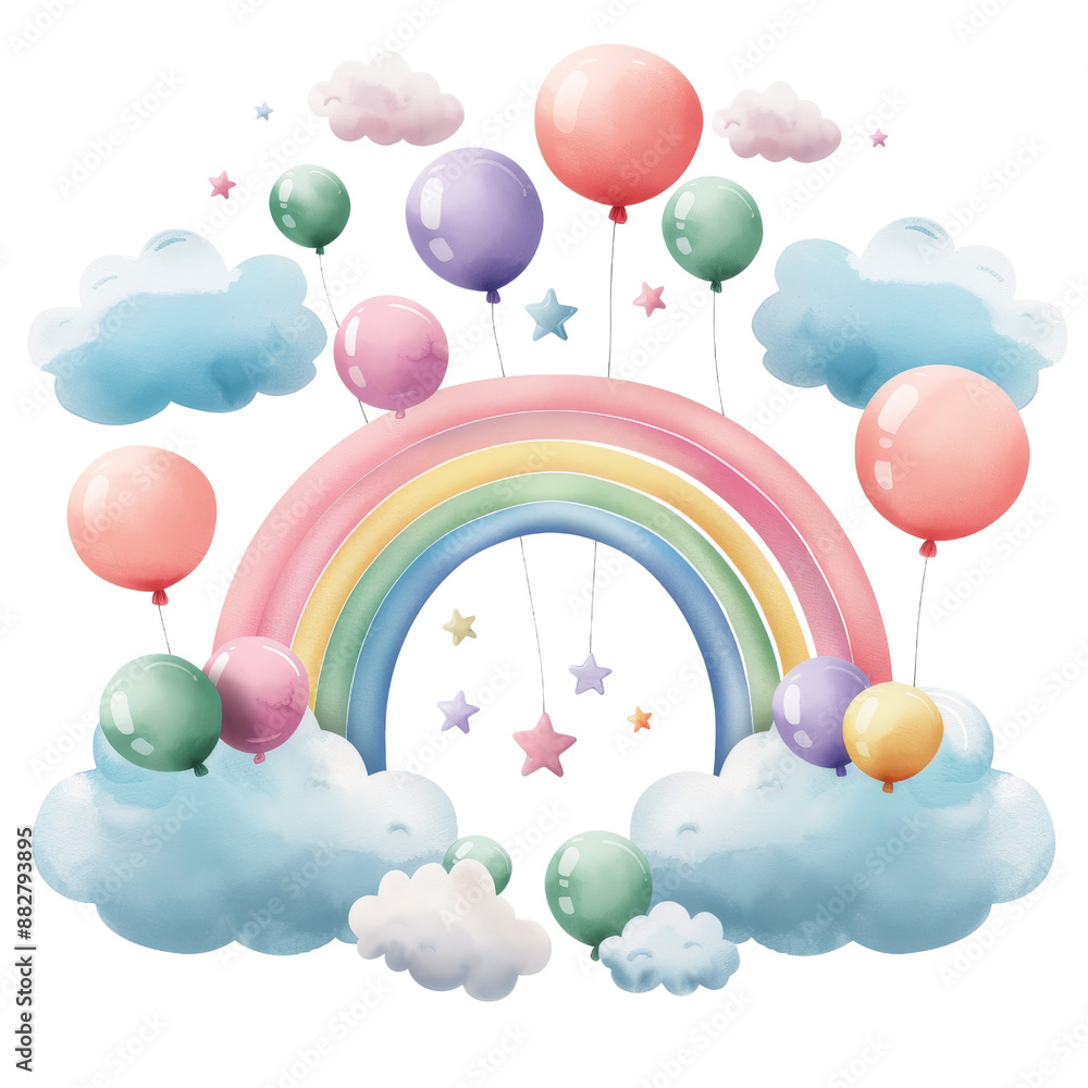 Rainbow with pastel balloons and fluffy clouds in watercolor style ...