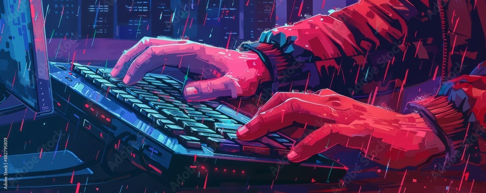 A pixel art illustration of a hacker typing on a computer, their ...