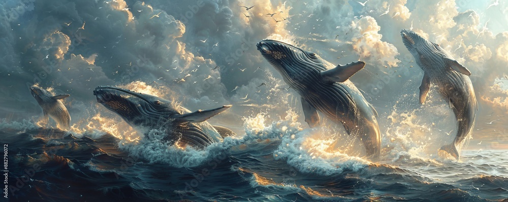 A pod of whales breaching the surface of the ocean, their massive ...