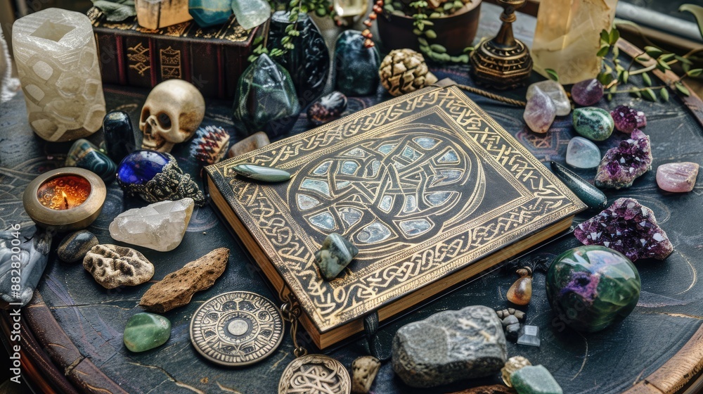 Dragon crystals runes and stones hoard with celtic knot spell book of ...