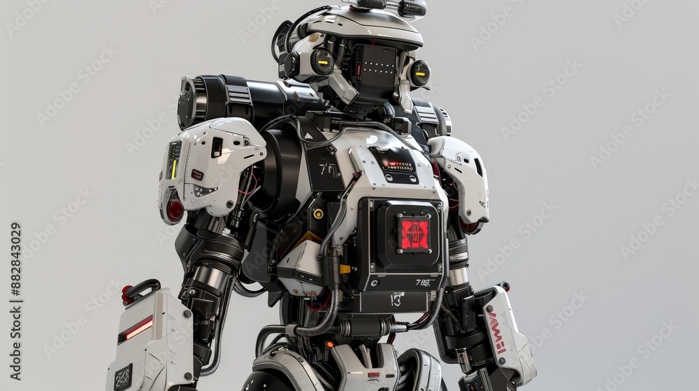 A detailed 3D model of a futuristic firefighting robot, equipped with ...