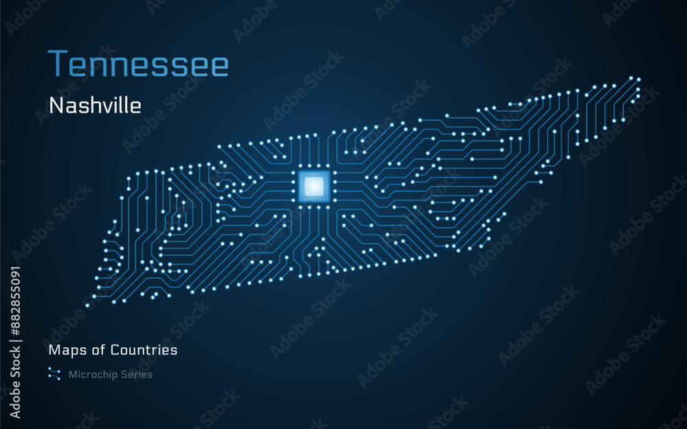 Tennessee Map with a capital of Nashville Shown in a Microchip Pattern ...