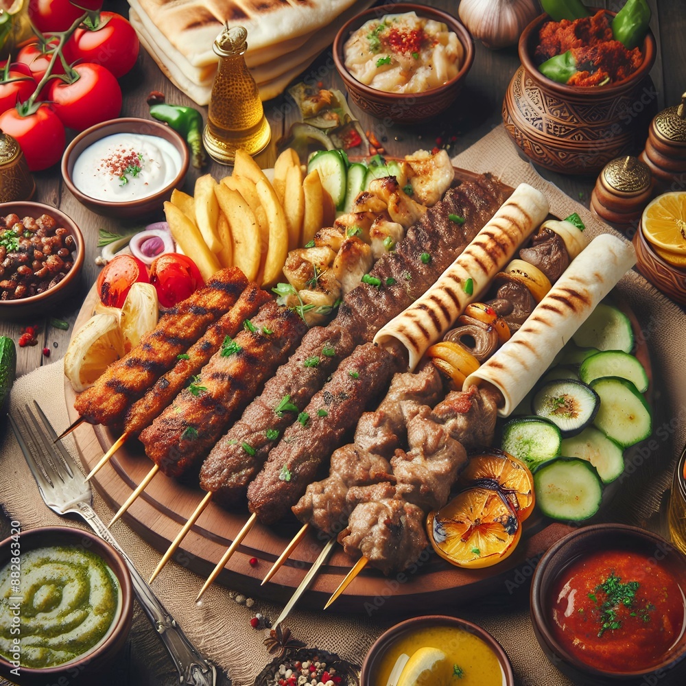 Arabic grilled arabic food dishes kebab, dolma, mansaf, shawarma ...