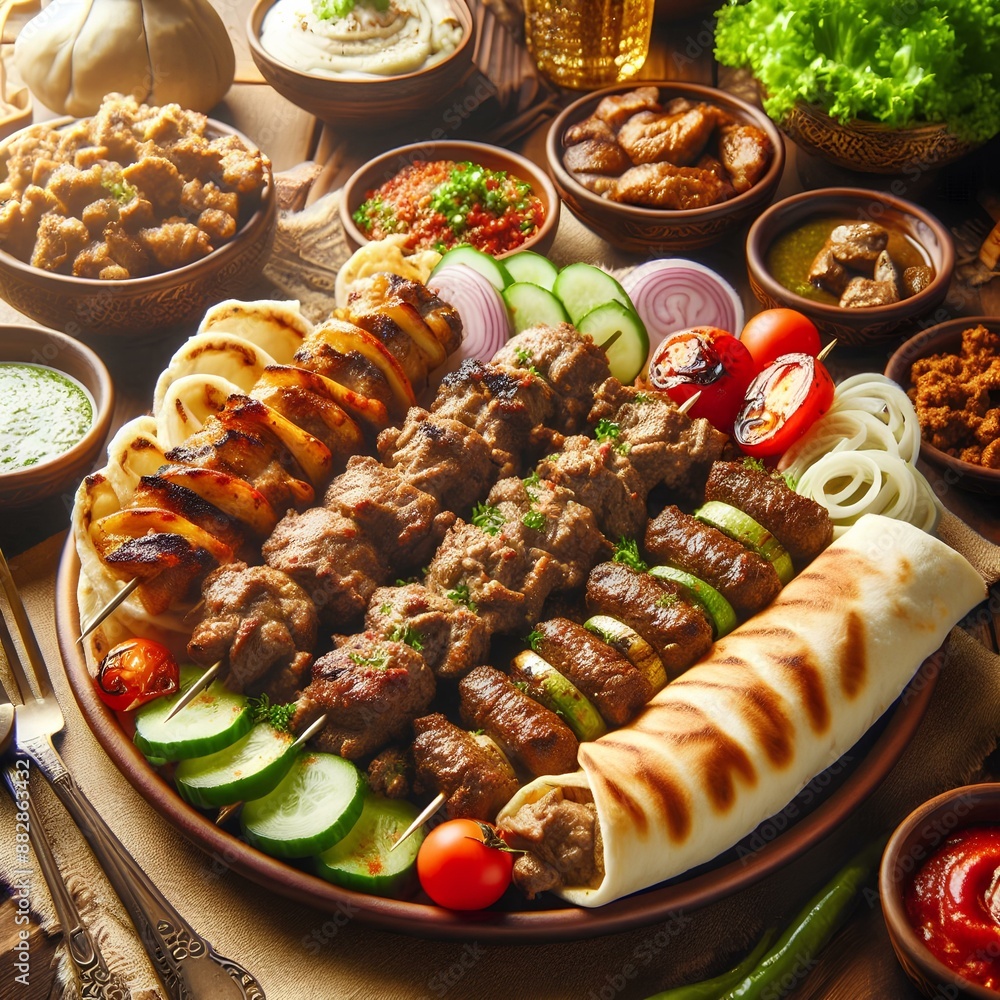 Arabic grilled arabic food dishes kebab, dolma, mansaf, shawarma ...
