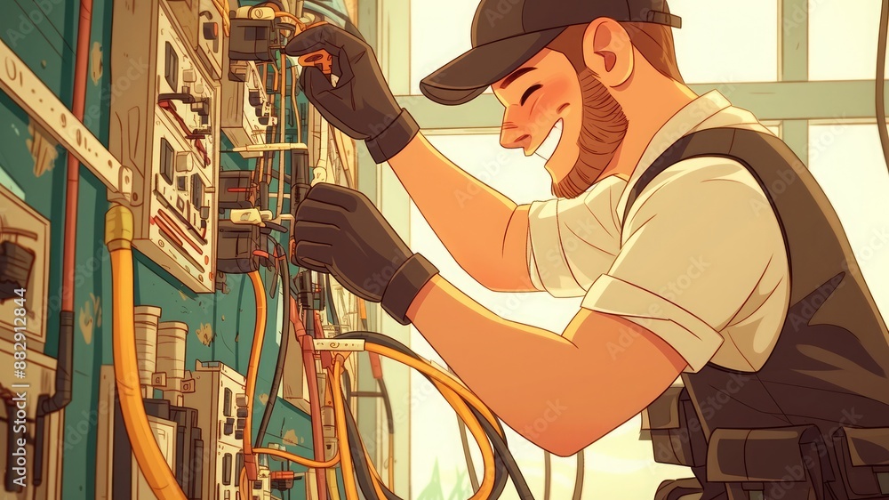 Professional electrician man working diligently in a switchboard ...