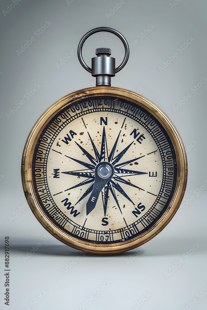 Antique brass compass with a detailed compass rose, needle pointing ...