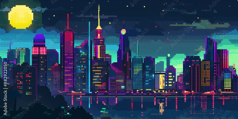 Pixel art retro wave. panorama of big city. wide banner. Space for text ...