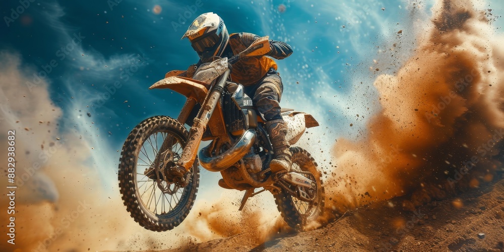 motorcycle stunt or car jump. A off road moto cross type motor bike, in ...