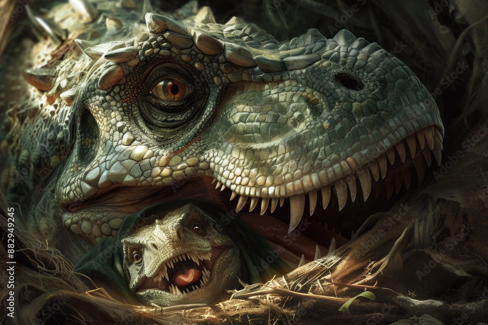 Realistic-looking green dinosaurs A baby T-Rex interacting with its ...