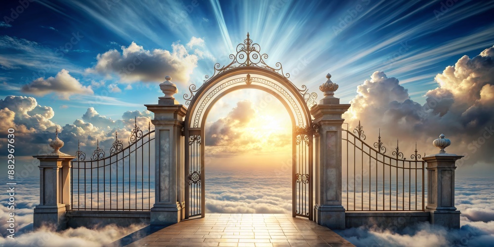 4k video footage of an open archway gate of heaven on a bright and ...
