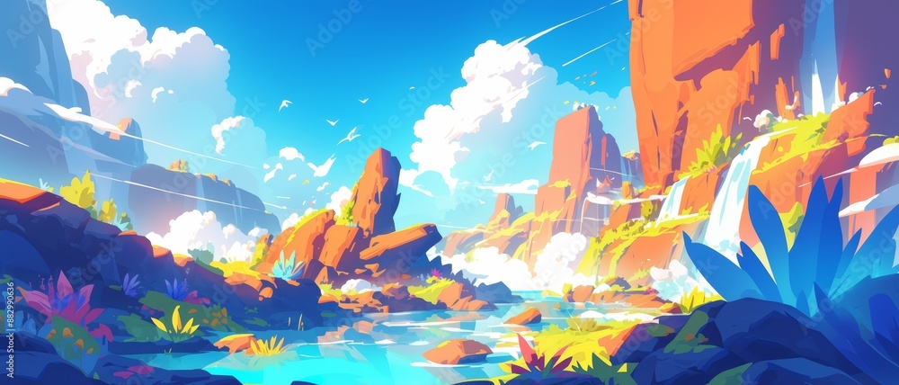 Cute cartoon landscape with a bubbling hot spring, steam and rocky ...