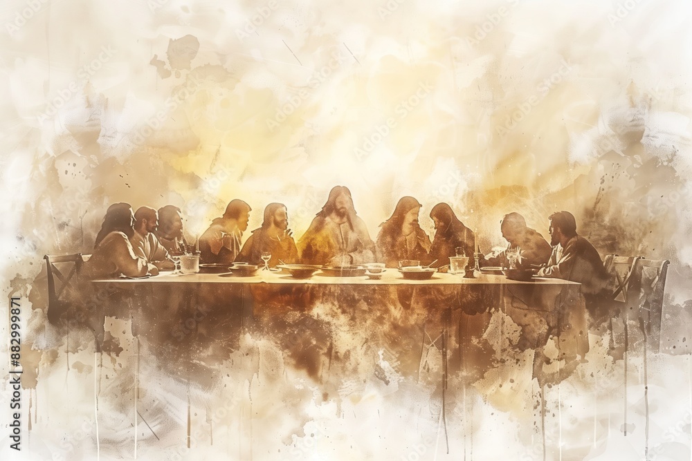 Jesus leads Last Supper gathering with 12 disciples around long table ...