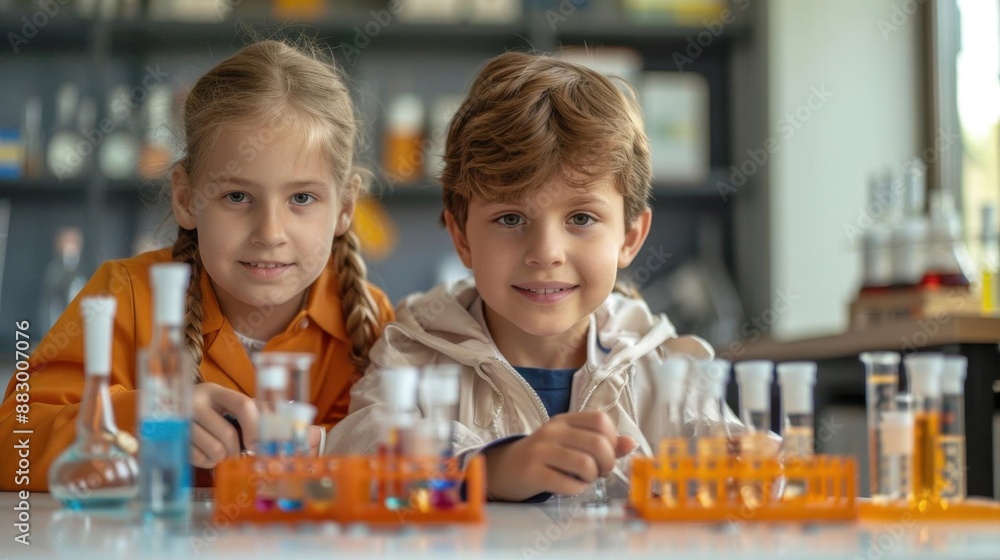 Closeup Children experimenting in a science lab, educational ...
