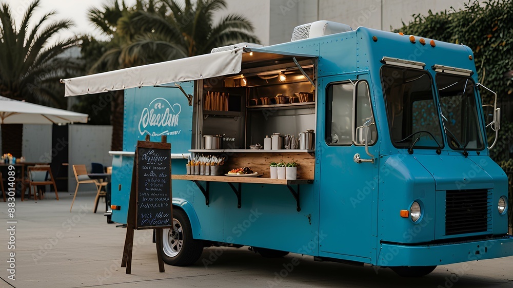 Ocean blue food truck with a modern and minimalistic design, serving ...