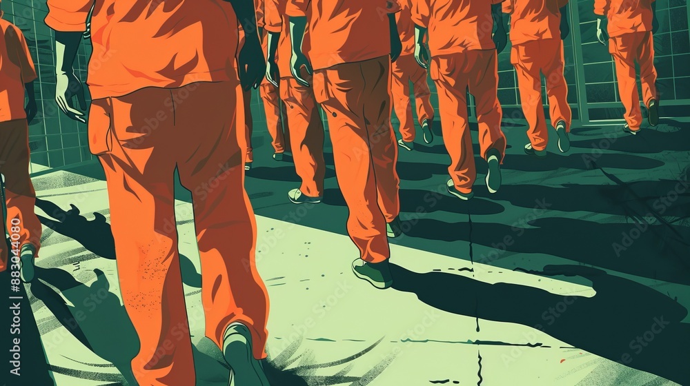 This image captures inmates dressed in orange uniforms walking in a ...