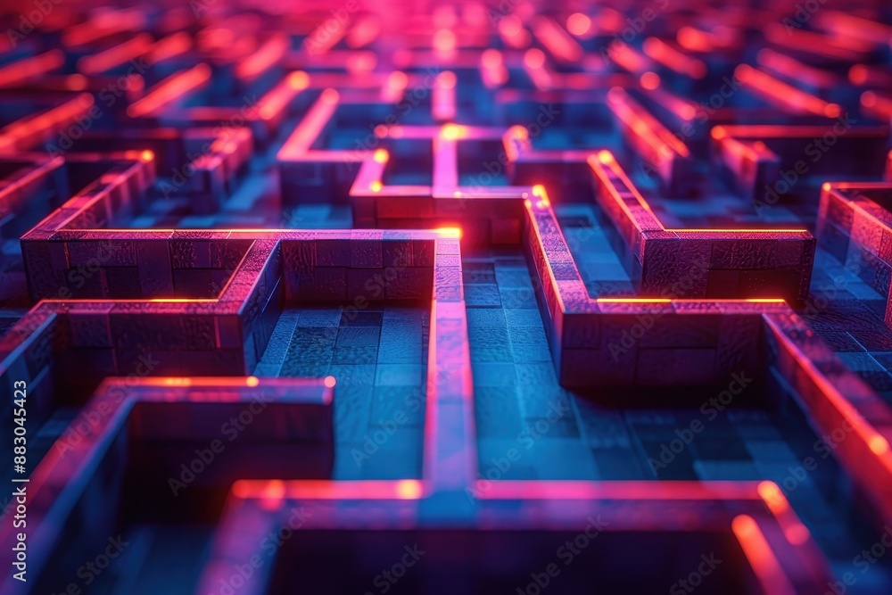 Abstract futuristic maze with glowing neon lights, symbolizing ...