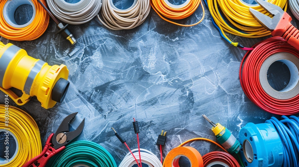 Flat lay arrangement of tools and materials for electrical work such as ...