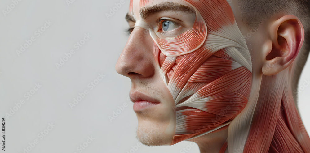 Side view of a man face internal muscles anatomy isolated on white ...