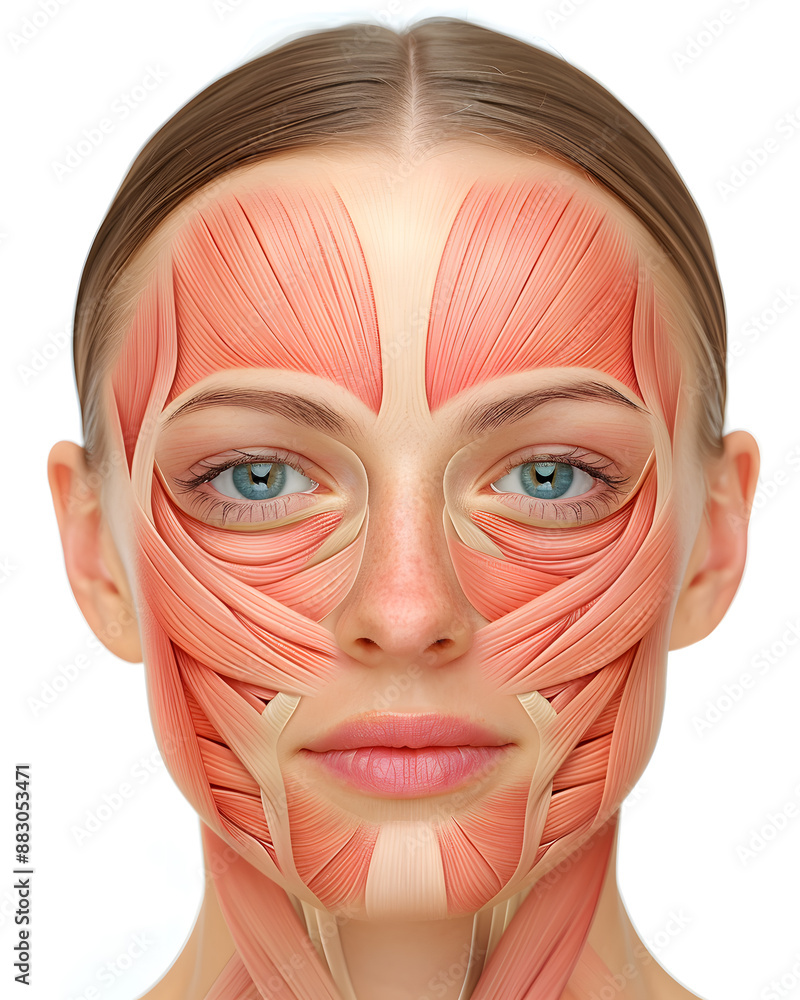 Foto de Stock Frontal view of a young woman smiling, half of his face ...