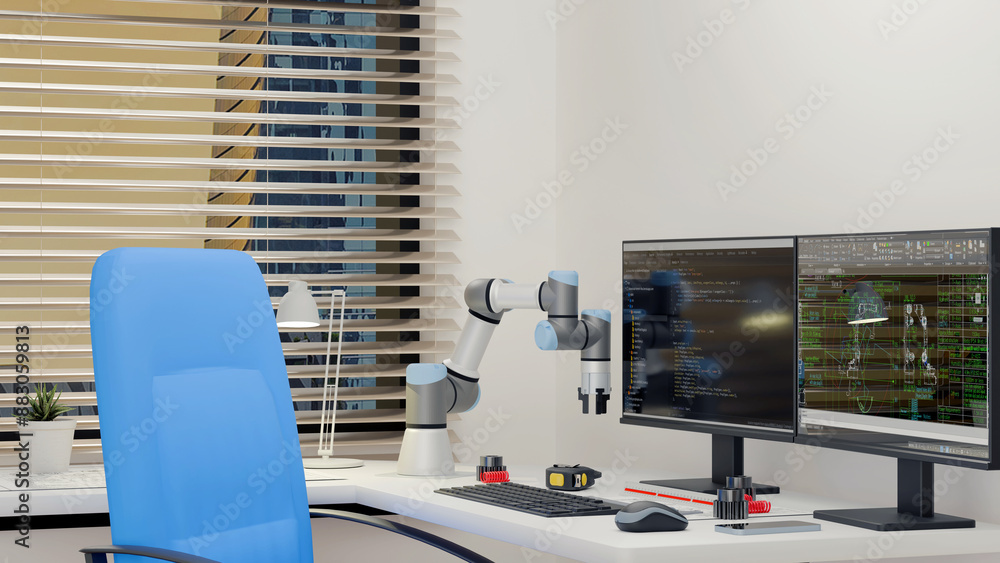 3D render: View of Mechanical engineer's desktop during design automation system with ...