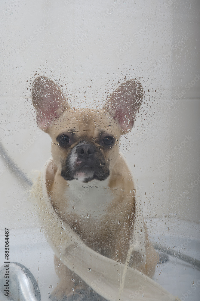 An adorable bulldog dog sits behind the clear glass door of a shower ...