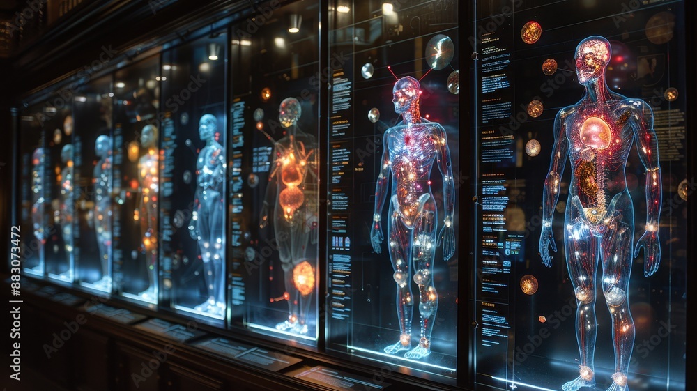 Illuminated human anatomy models in a museum exhibit showcase internal ...