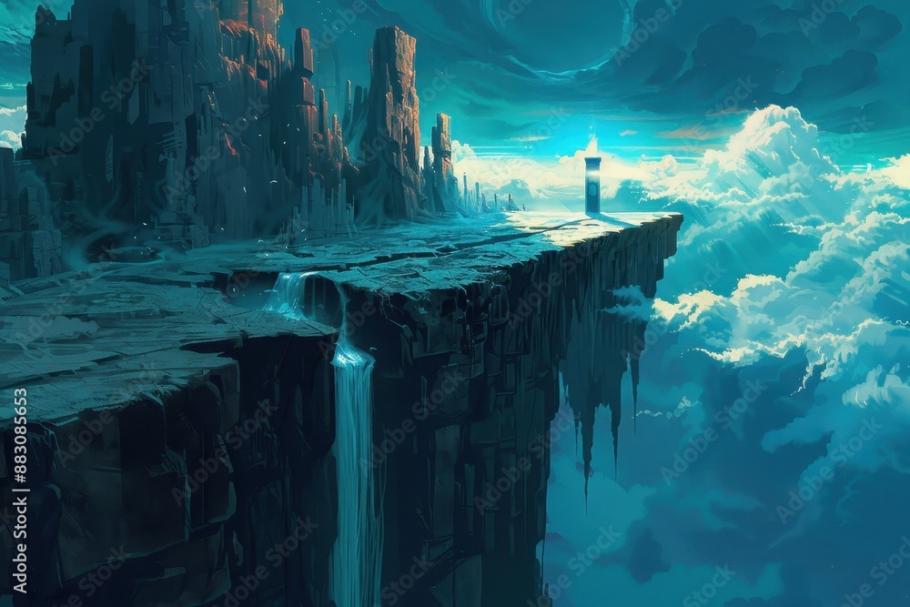 Mysterious floating island with waterfalls and ancient ruins Stock ...