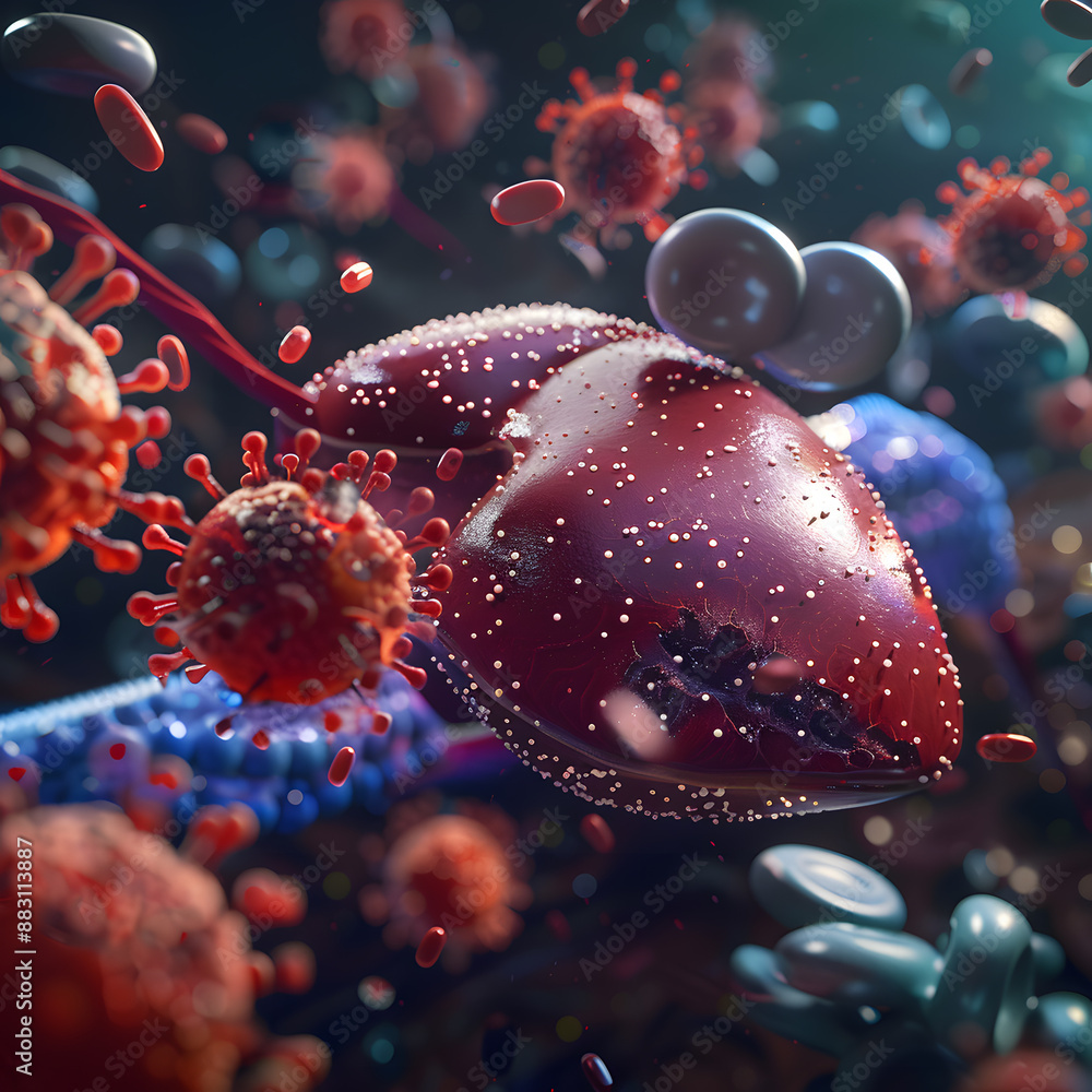Viral Hepatitis: Create a series of 3D illustrations depicting different types of viral ...