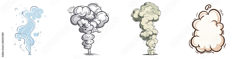 Cartoon-style smoke plumes in different shapes and colors on a ...