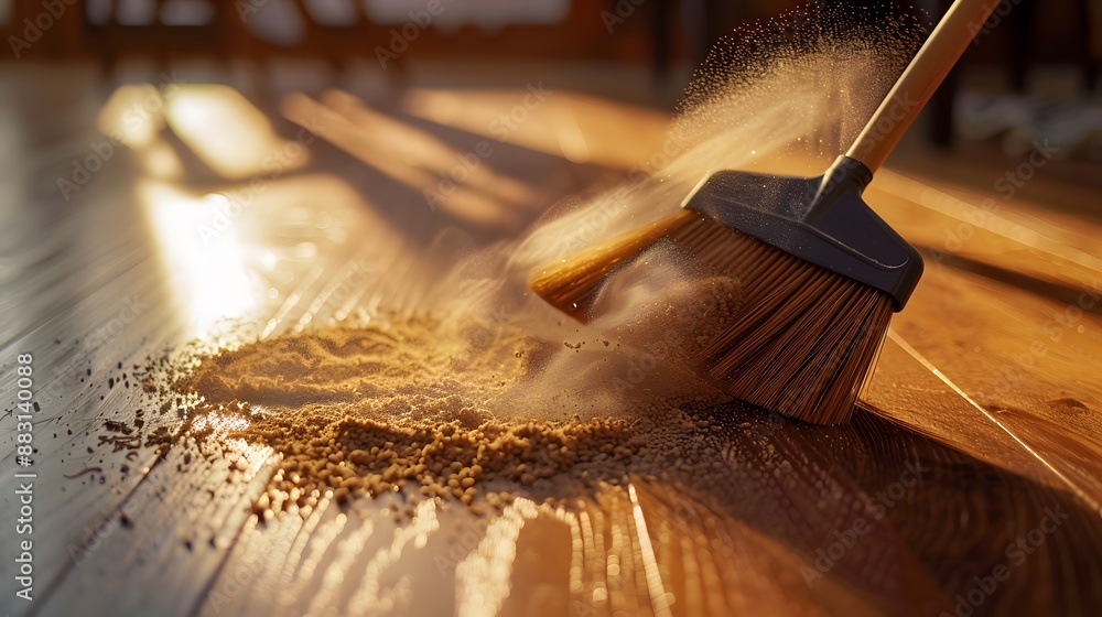 Sweeping the Floor: Hands using a broom to sweep dust and debris into a ...