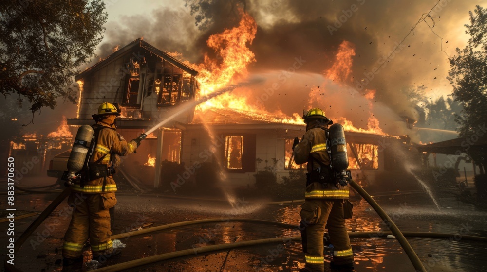 Firefighters in full gear battling a house fire, spraying water from ...
