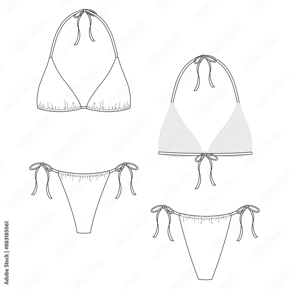 Triangle bikini illustration / Swimwear flat sketch / Bikini template ...