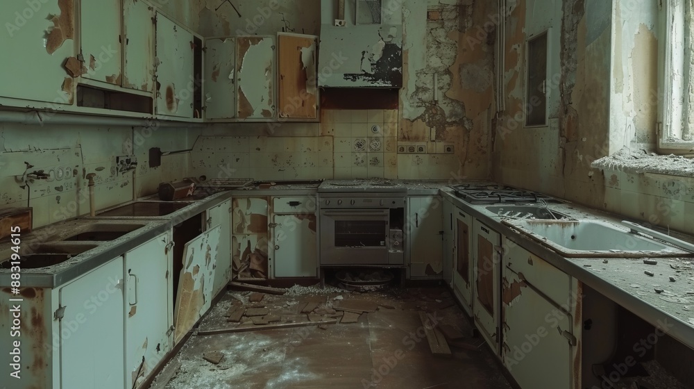 An image showing an abandoned kitchen in a state of severe decay, with ...