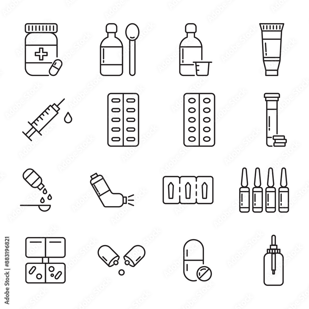 Pharmaceutical dosage forms editable stroke outline icon pack isolated ...