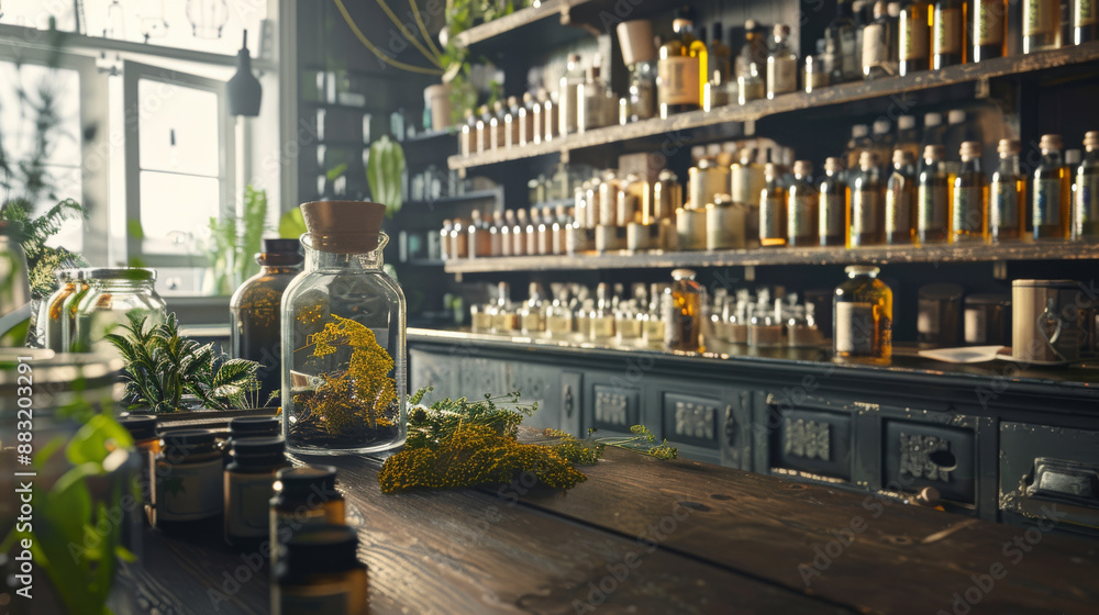 A rustic apothecary shop lined with vintage bottles and jars filled ...