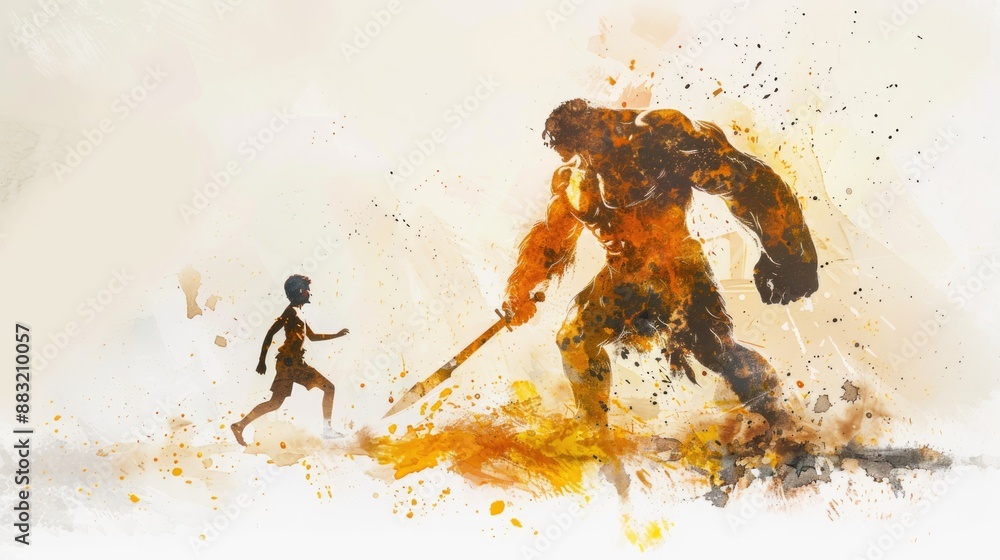 David and Goliath. White background with watercolor splashes and ...