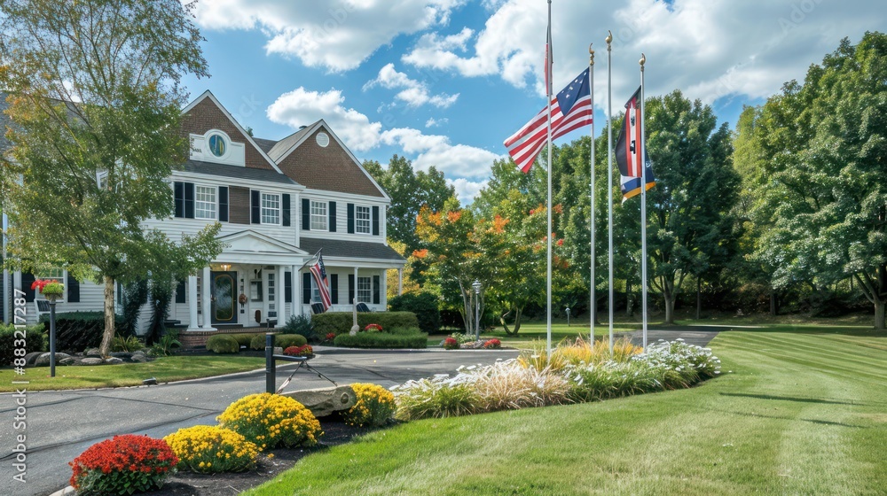 Suburban Colonial home with a stately flagpole in the front yard ...
