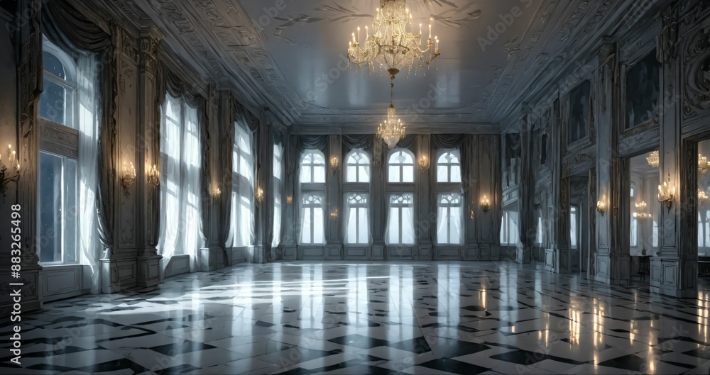 white ballroom corridor of mansion building palace cathedral gothic ...