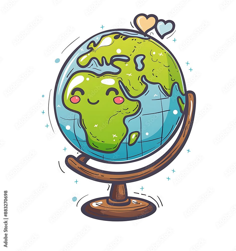 Cute Kawaii green Earth earth globe on stand, simple line art vector ...