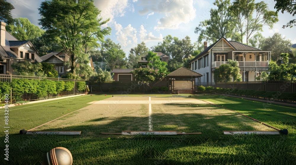 Suburban Colonial home with a backyard cricket field, complete with a ...
