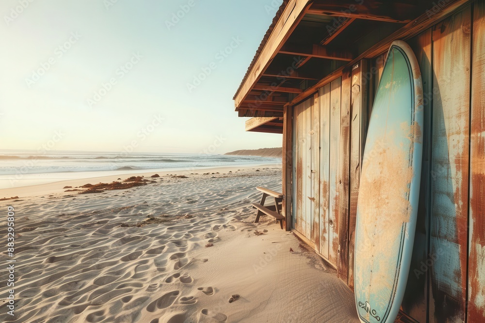 vintage surf shack on a pristine beach at golden hour classic ...