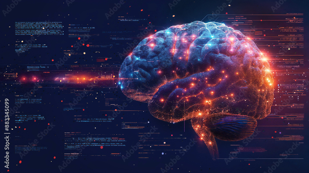 Hyper realistic of human brain integrated with coding text in ...