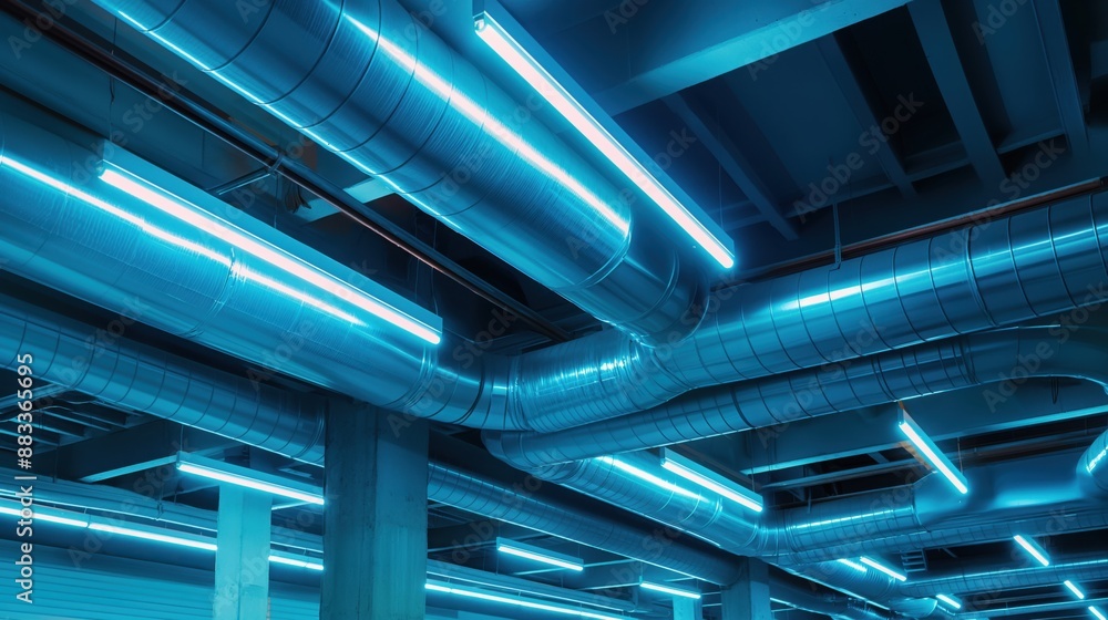 Modern HVAC ductwork system illuminated by blue neon lights, showcasing industrial design and ...