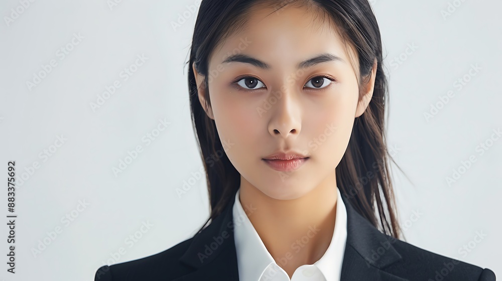 Asian woman with straight hair, Korean makeup, office suit, clean pose ...