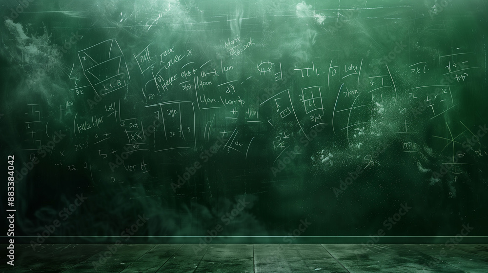 Vintage green chalkboard background with mathematical equations and ...